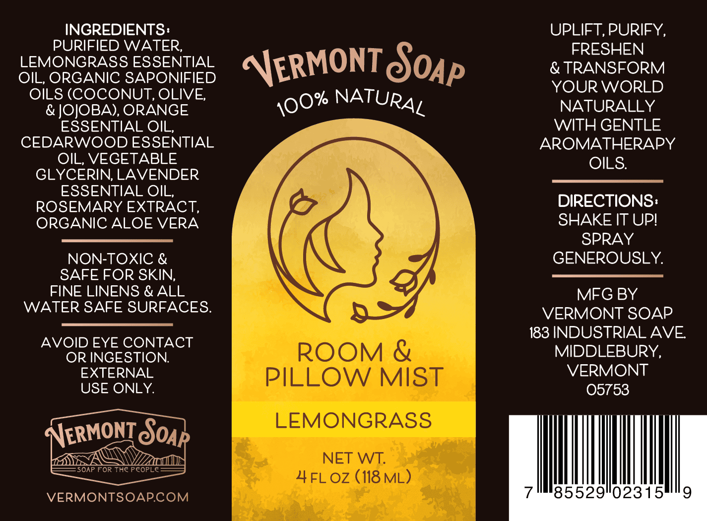 Lemongrass Room and Pillow Mist - Vermont Soap